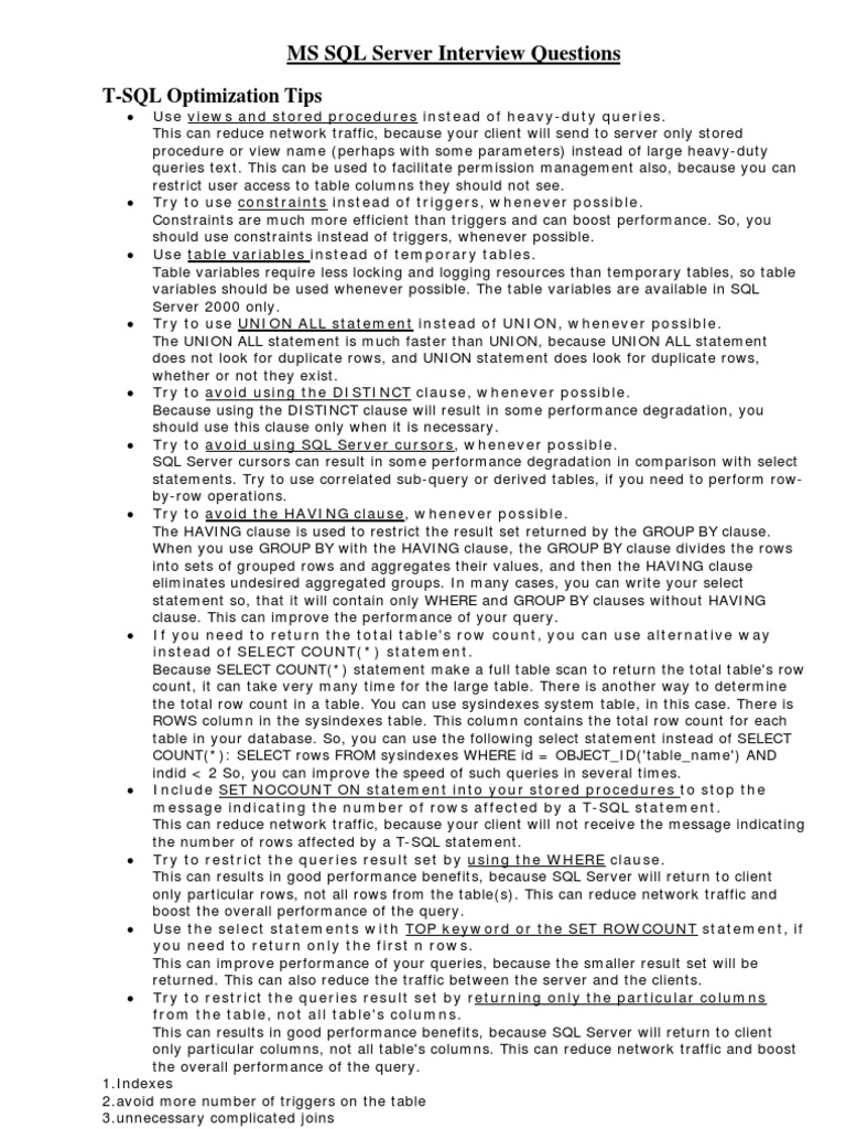Ms Sql Server Interview Questions Pdf Database Index Microsoft Sql Server