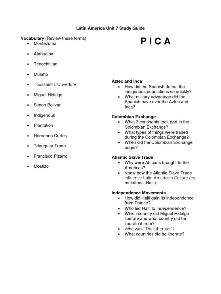 Latin America Unit 7 Study Guide Vocabulary (Review These Terms) | PDF ...