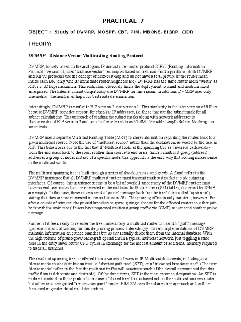 Study of DVMRP, MOSPF, CBT, PIM, MBONE, EIGRP, CIDR | PDF | Routing | Multicast