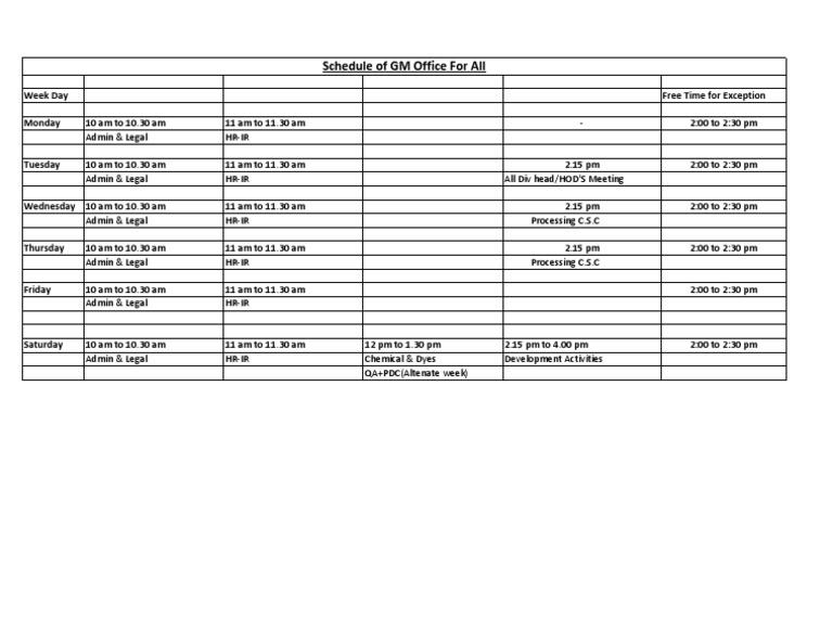 Weekly Schedule for GM Office Activities | PDF