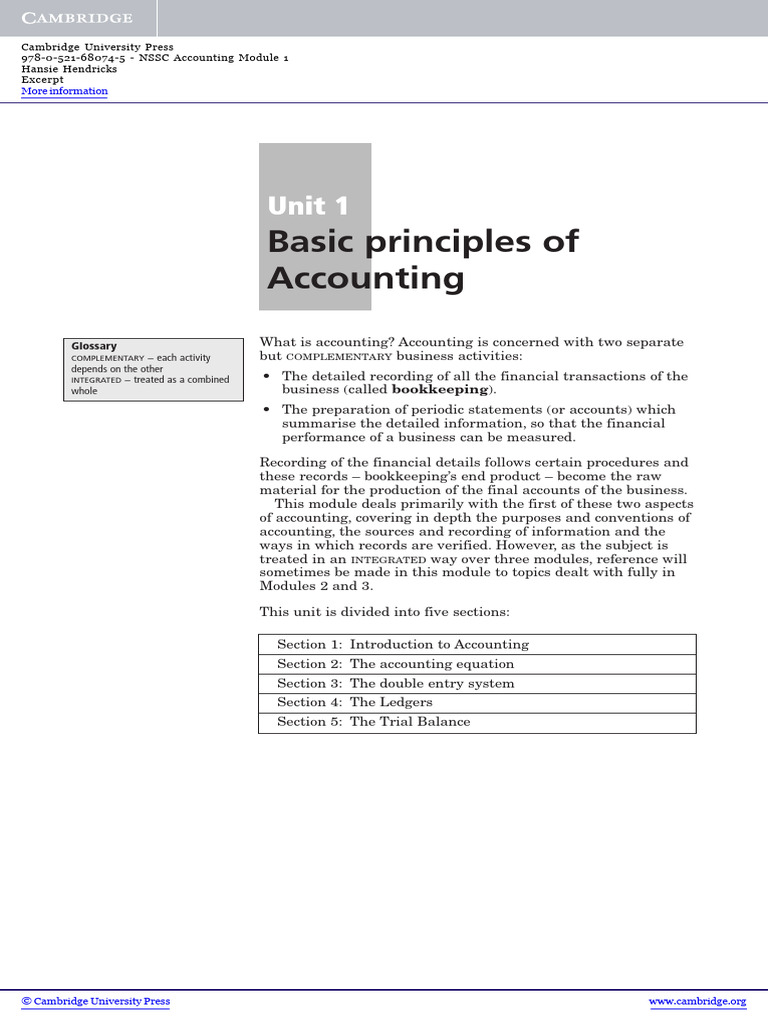 Basic Principles of Accounting: Unit 1 Unit 1 | PDF