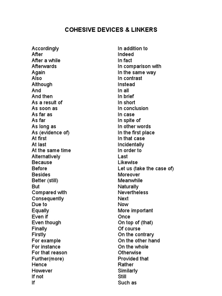 Cohesive Devices and Linkers List | PDF