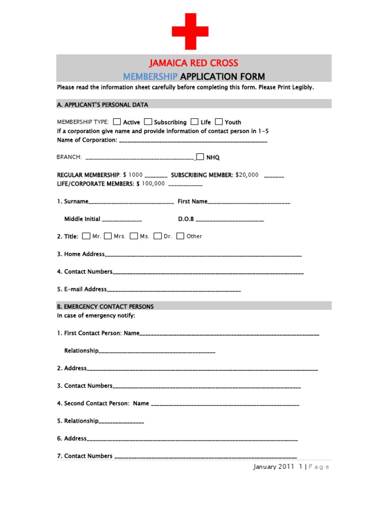 Jamaica Red Cross Membership Application Form | Accounting | Government