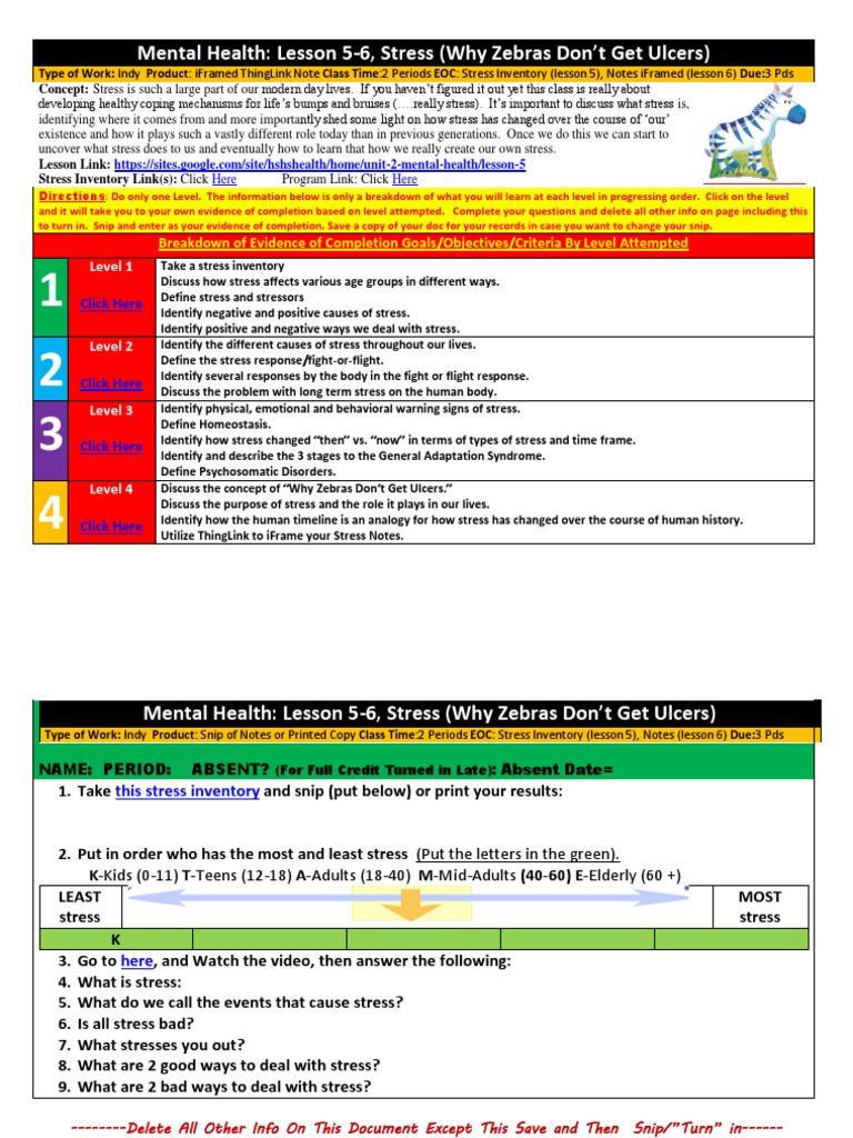 Mental Health: Lesson 5-6, Stress (Why Zebras Don't Get Ulcers) | PDF ...