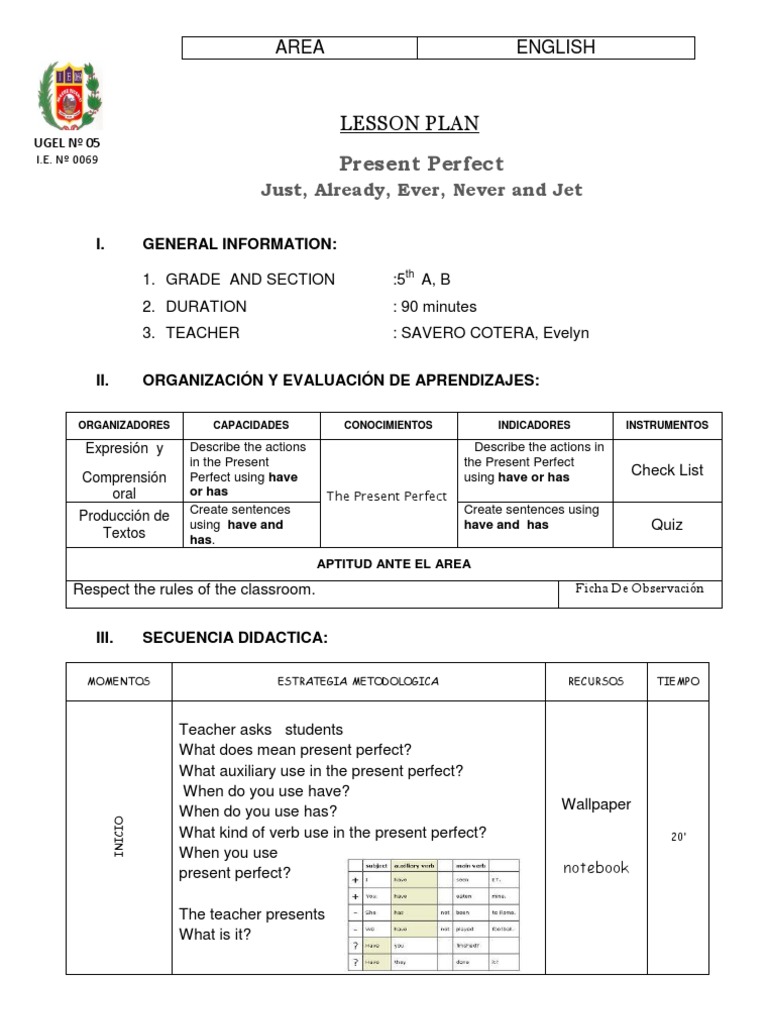 Present Perfect Lesson Plan for 5th Grade | PDF