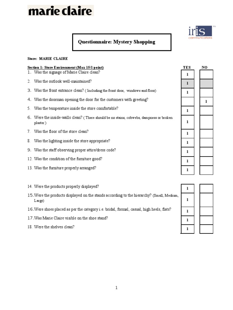 Questionnaire: Mystery Shopping | PDF | Shoe | Sales