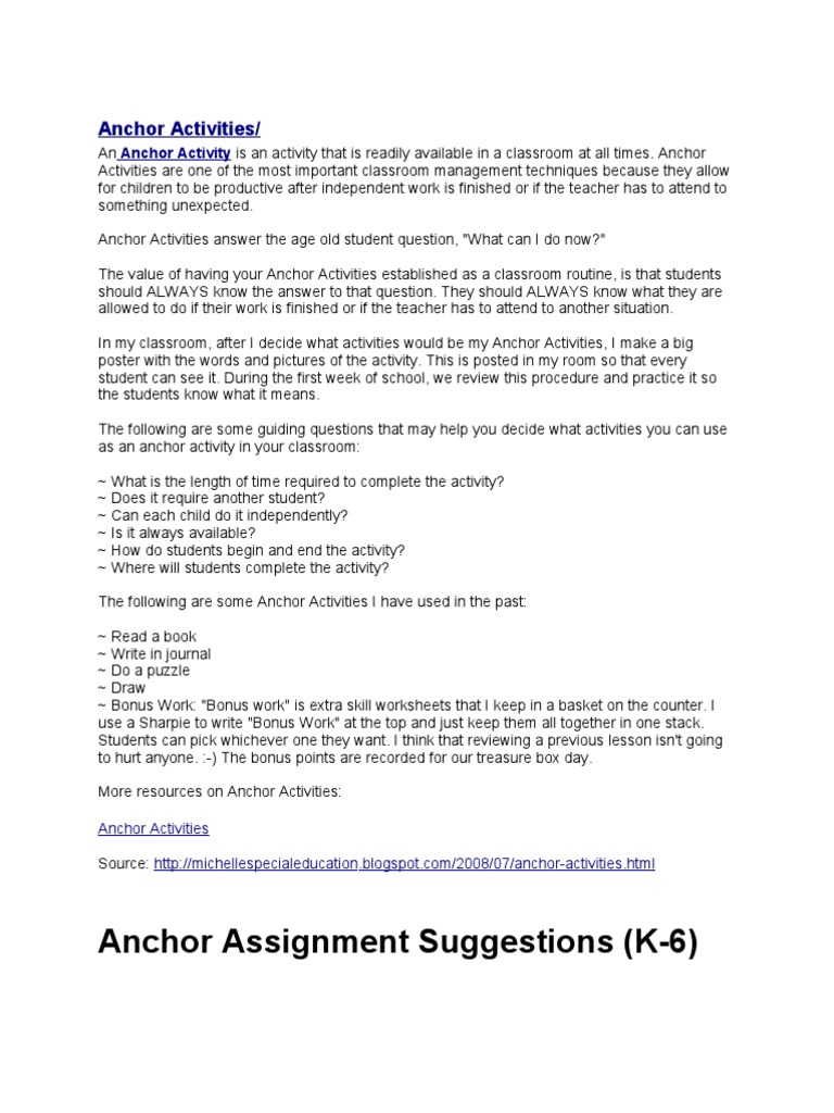 Anchor Sponge Activities | PDF | Classroom Management | Classroom