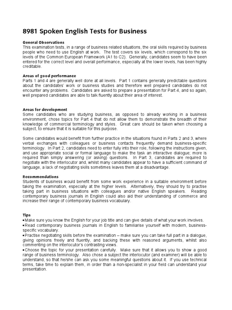 8981 Spoken English Tests For Business: General Observations | PDF ...