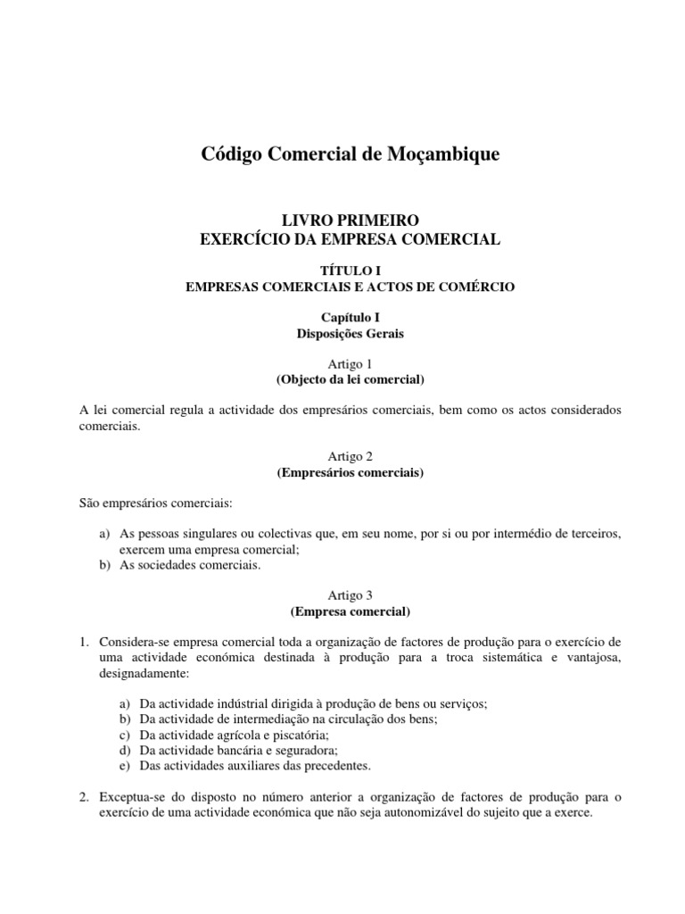 Código Comercial de Moçambique | PDF | Escrituração contábil | Lei das ...