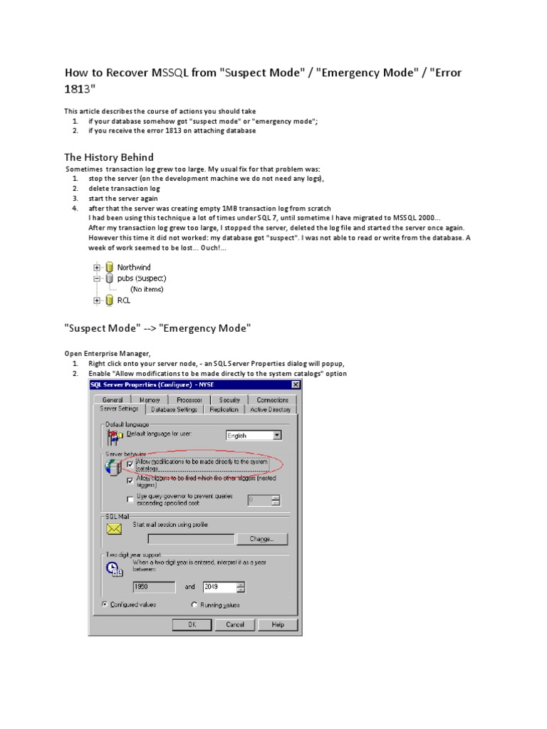 How To Recover MSSQL From Suspect Mode Emergency Mode Error 1813 | PDF ...
