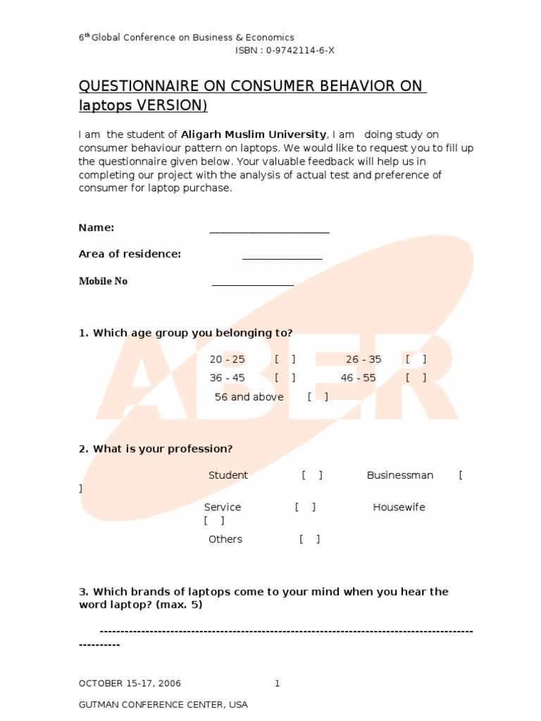 Consumer Behavior Questionnaire on Laptops | PDF | Laptop | Consumer ...