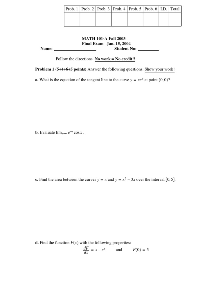 Prob. 1 Prob. 2 Prob. 3 Prob. 4 Prob. 5 Prob. 6 I.D. Total | PDF | Maxima And Minima | Integral