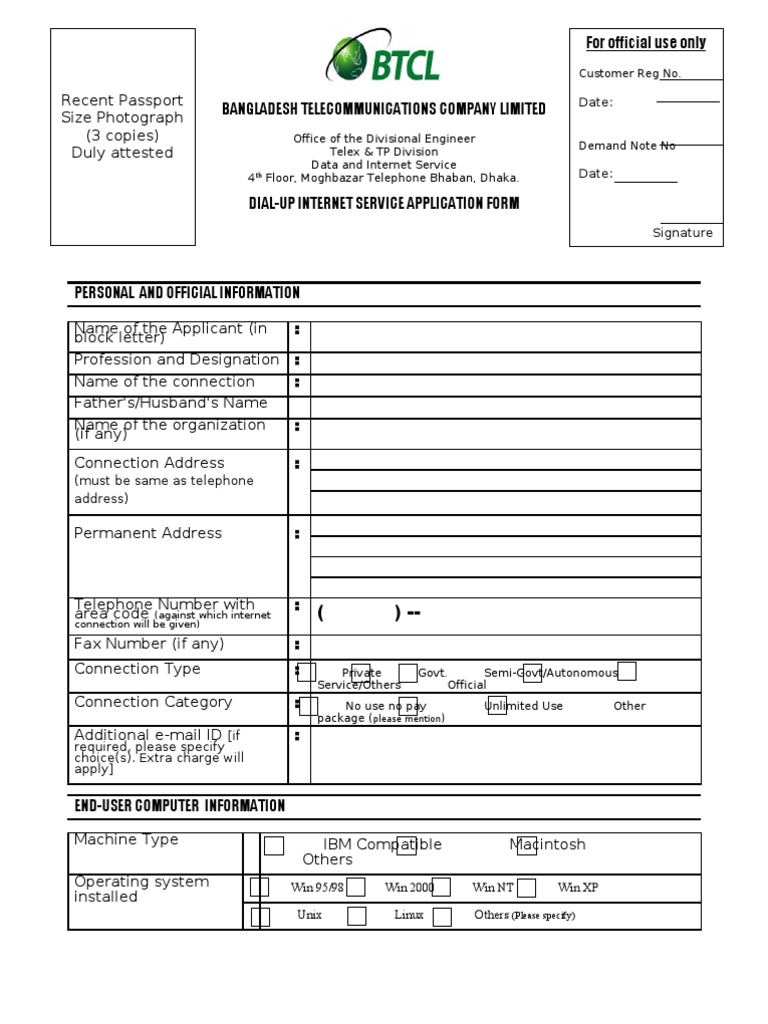 BTCL Dial-Up Application Form | Download Free PDF | Identity Document ...