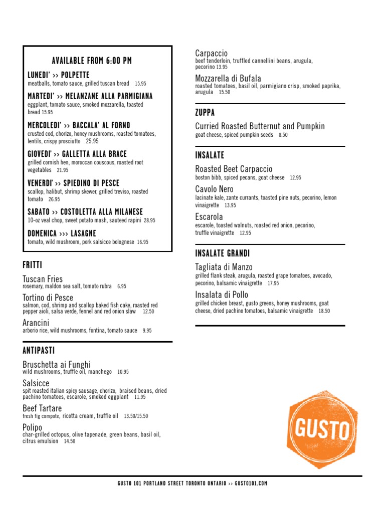 Gusto Toronto Menu Highlights | PDF | Italian Cuisine | Foods