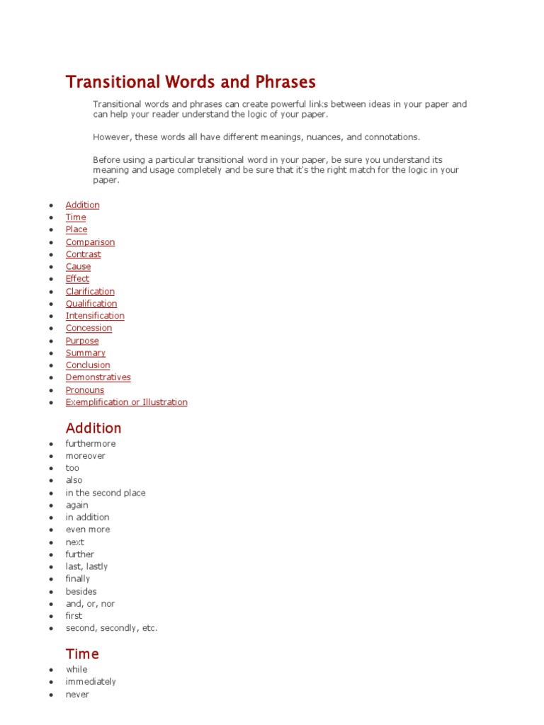 Transitional Words and Phrases | PDF | Phrase | Language Mechanics