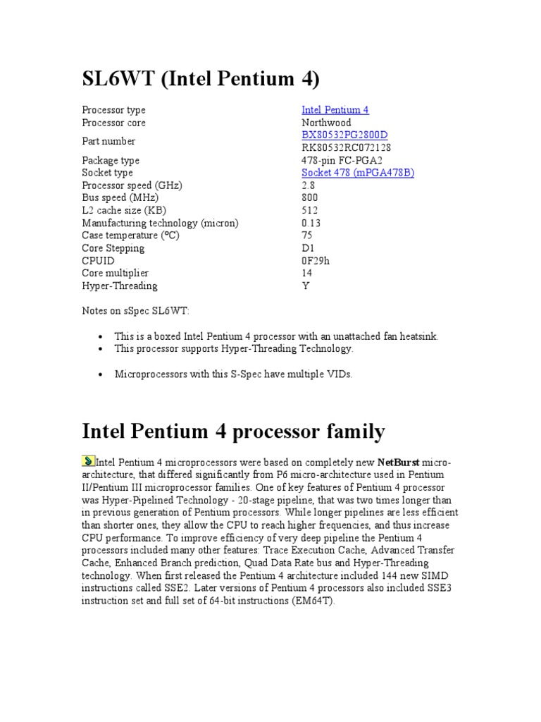 Intel Pentium 4 SL6WT Specs Overview | PDF | Central Processing Unit | Computer Architecture