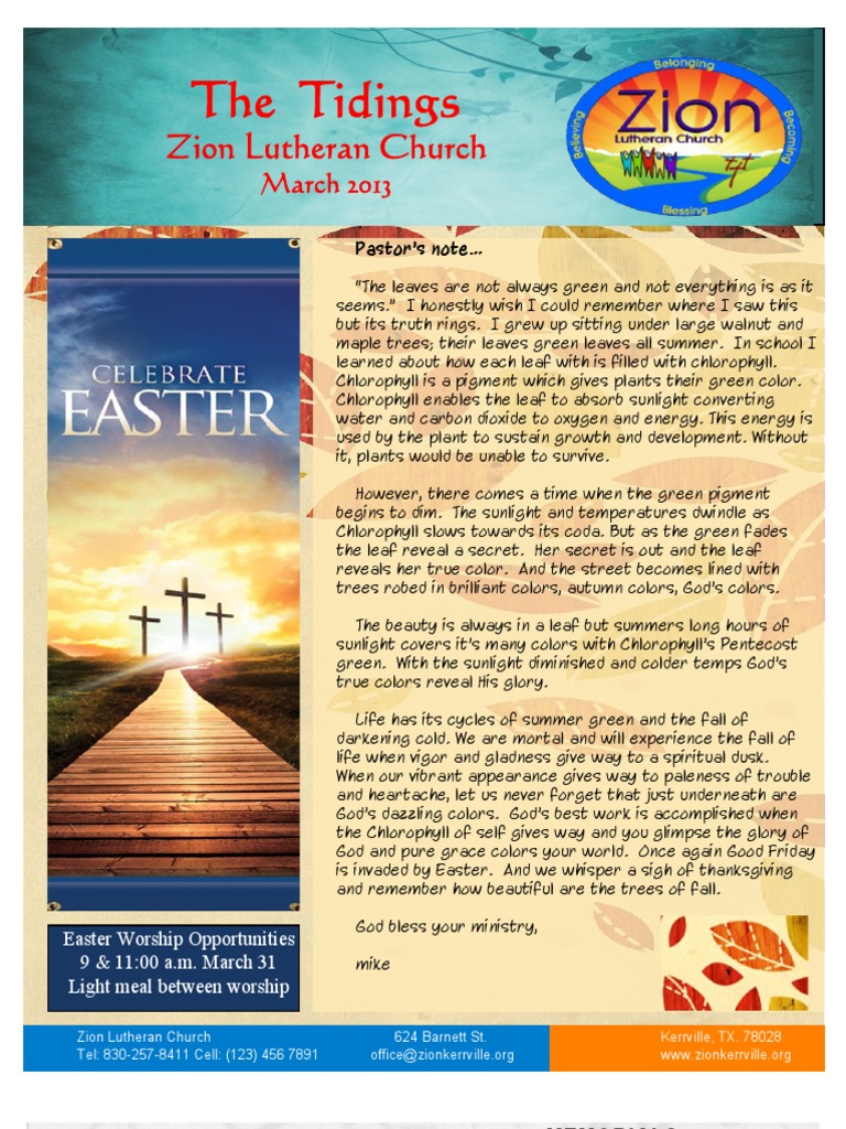 Pastor's Note : Easter Worship Opportunities 9 & 11:00 A.M. March 31 ...