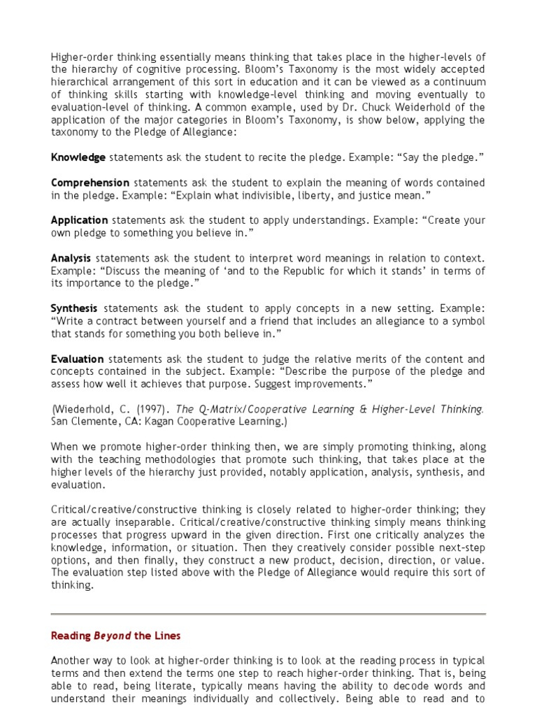 Higher Order Thinking | PDF | Reading Comprehension | Reading (Process)