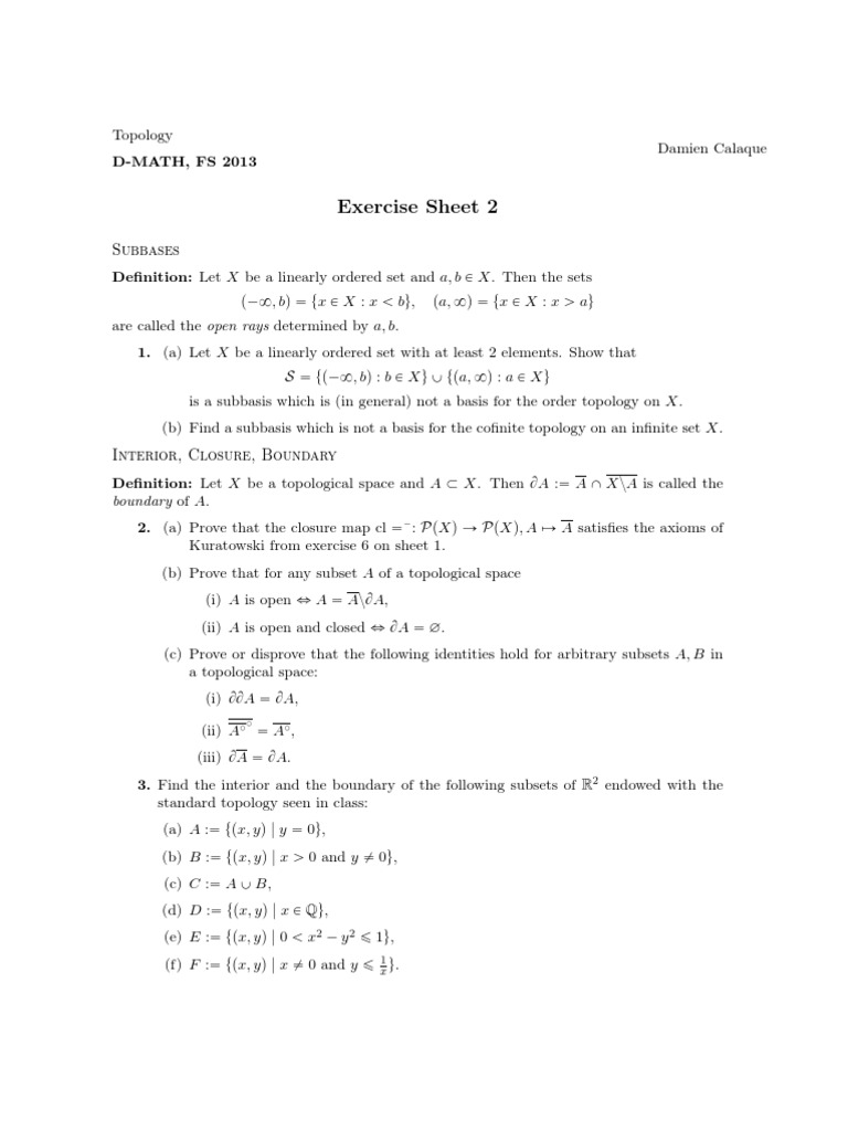 Topology D-MATH, FS 2013: Exercises on Subbases, Interior/Closure/Boundary, Continuous Functions ...