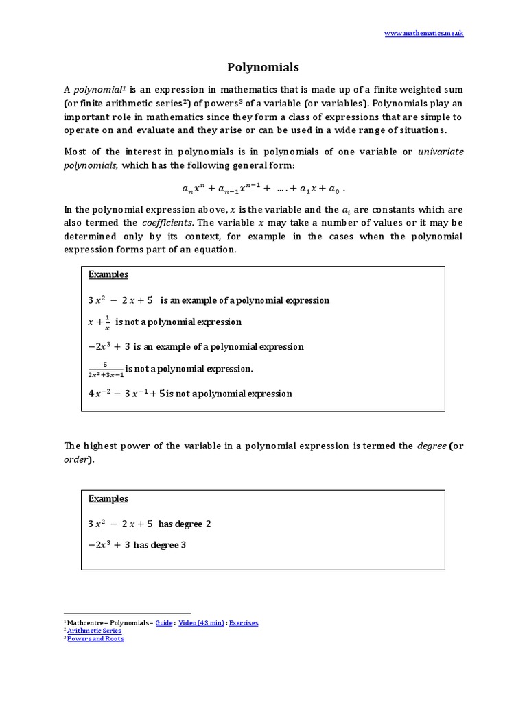Polynomials: Polynomials, Which Has The Following General Form | PDF ...