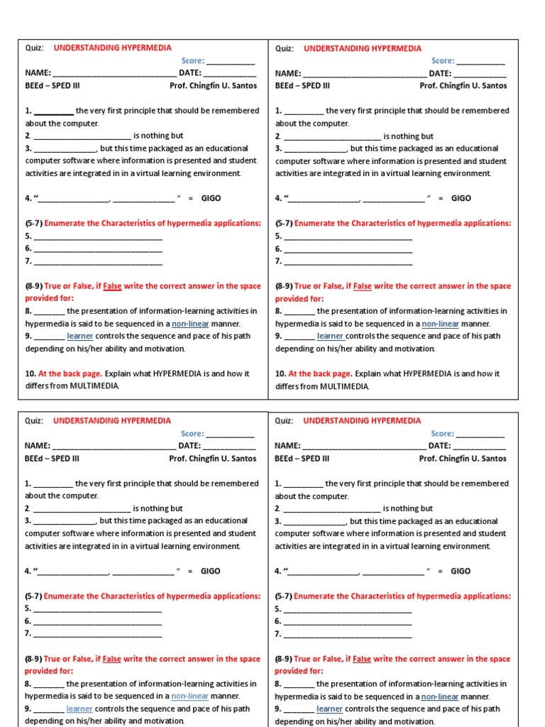Quiz Ed Tech 2 HYPERMEDIA | PDF | Multimedia | Teaching