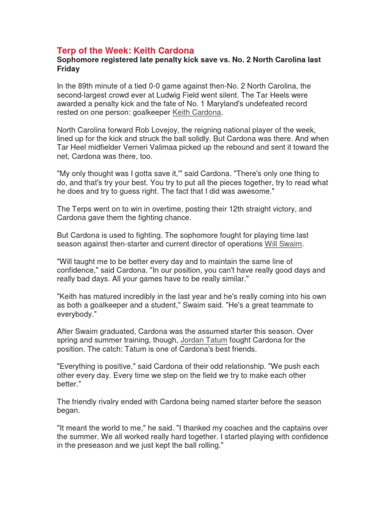 Terp of The Week: Keith Cardona: Sophomore Registered Late Penalty Kick ...