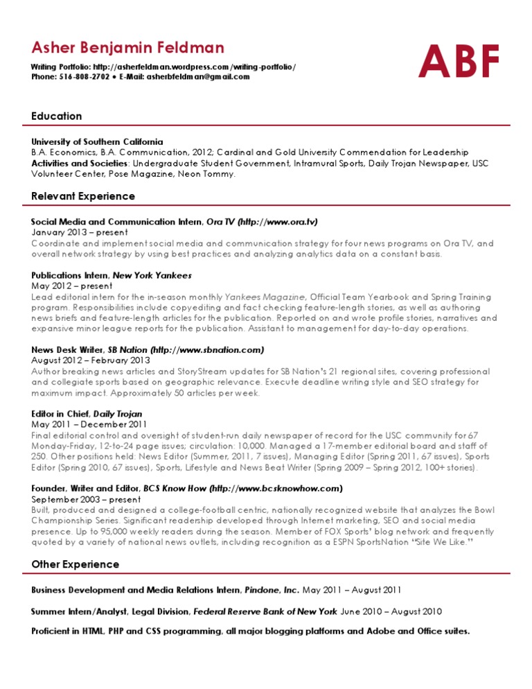 Asher Feldman Resume | PDF | University Of Southern California | News