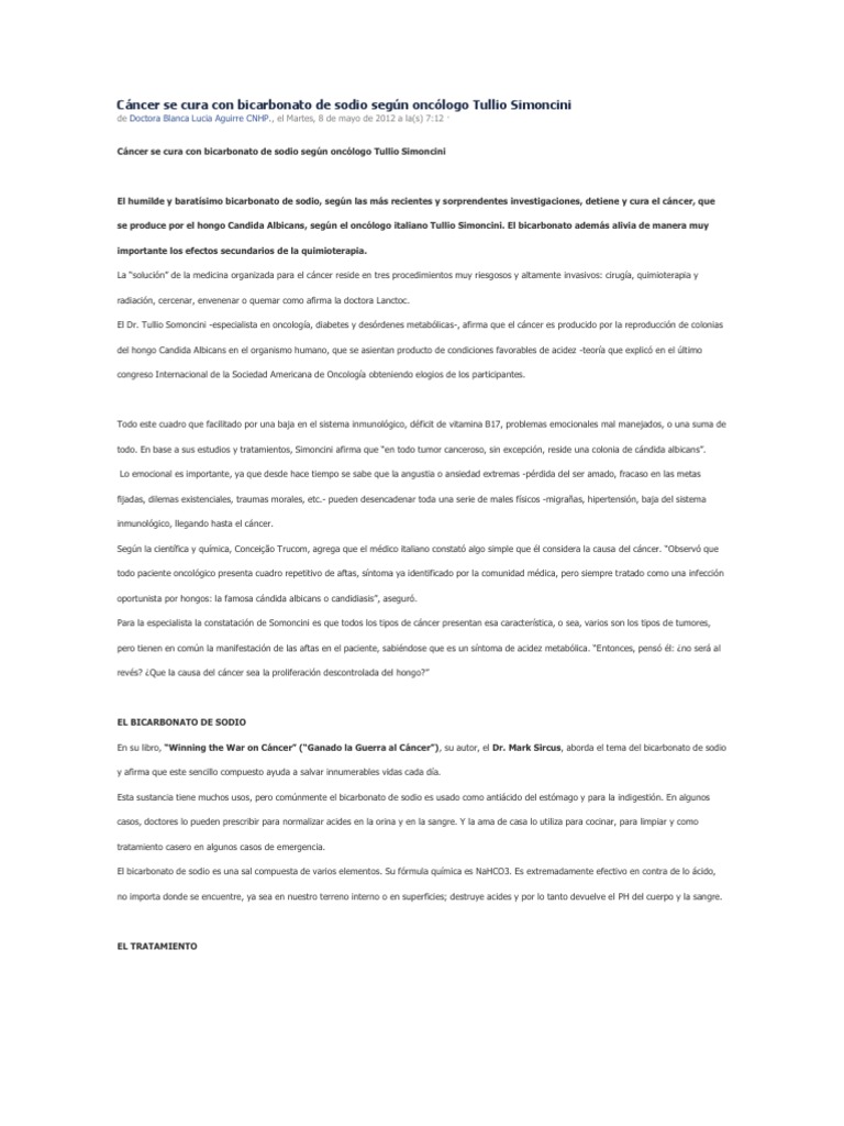 Cáncer Se Cura Con Bicarbonato de Sodio Según Oncólogo Tullio Simoncini ...
