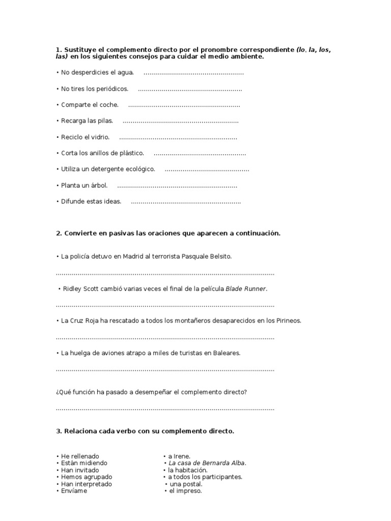 Ejercicios de Complementos Verbales | PDF | Objeto (gramática)