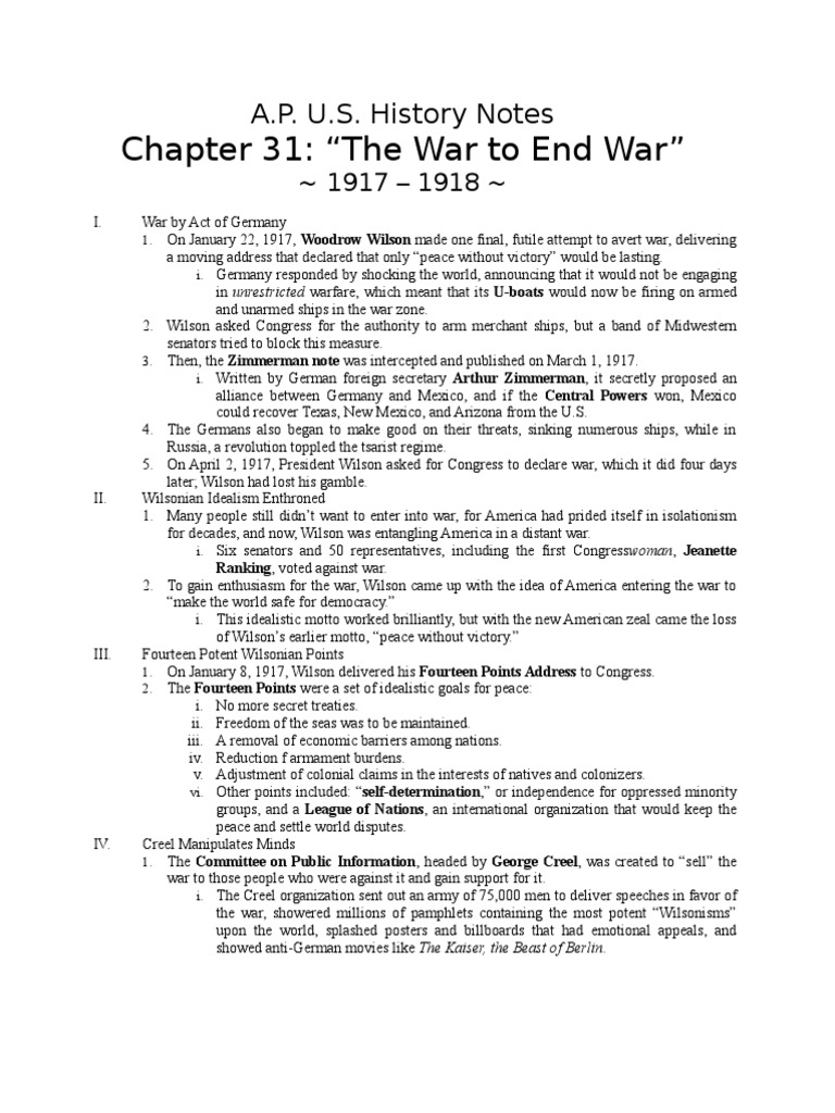 Chapter 31: "The War To End War": A.P. U.S. History Notes | PDF