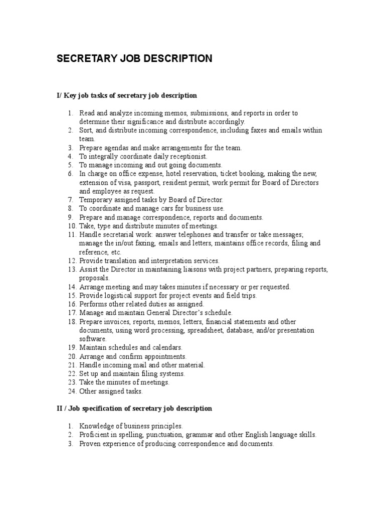 Secretary Job Description | Download Free PDF | Secretary | Board Of ...