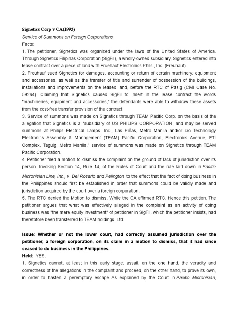 Signetics Corp V CA | PDF | In Rem Jurisdiction | Lawsuit