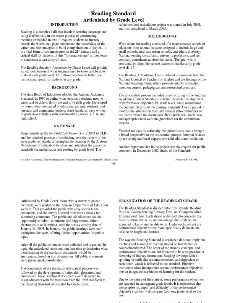 Reading Standard: Articulated by Grade Level | PDF | Reading ...