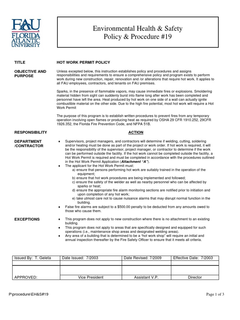 Hot Work Permit Policy | PDF | Fire Safety | Flammability