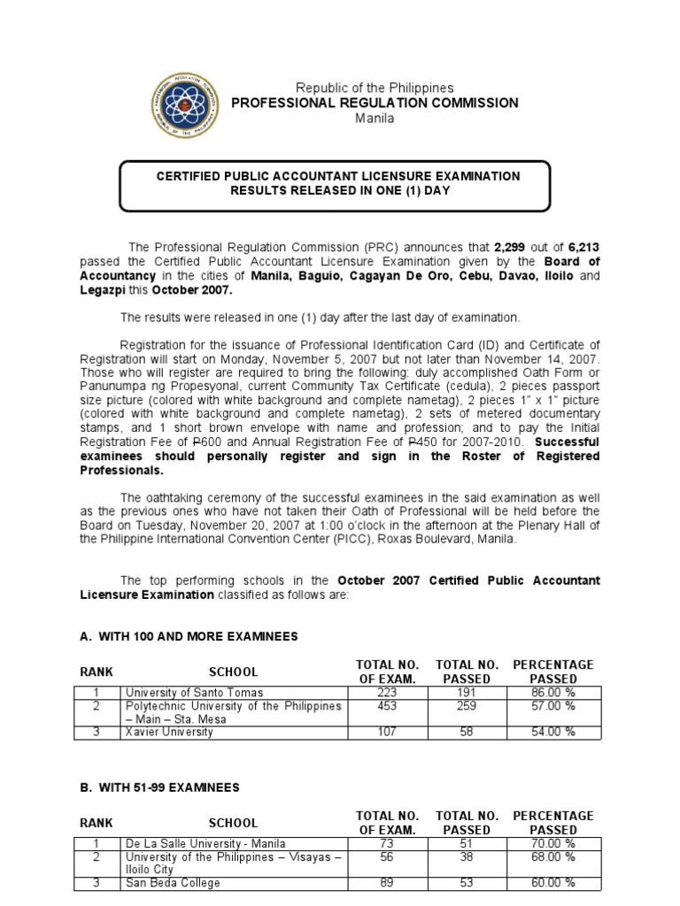 CPA Licensure Examination - October 2007 | PDF | Certified Public ...