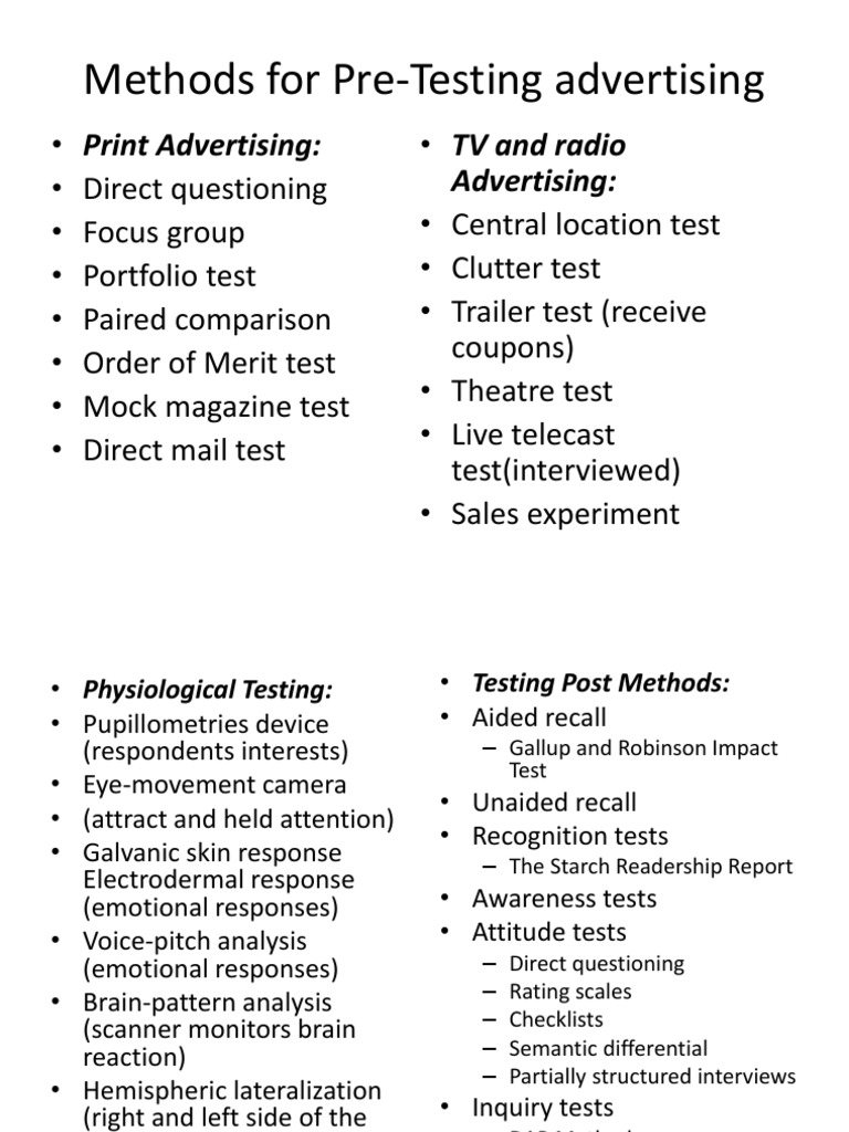 Methods For Pre-Testing Advertising | PDF | Advertising | Recall (Memory)