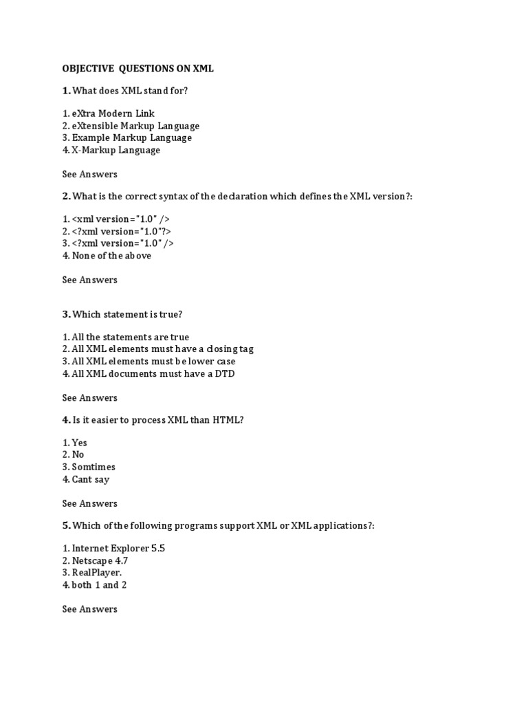 Objective Questions On XML | PDF | Xml | Xml Schema