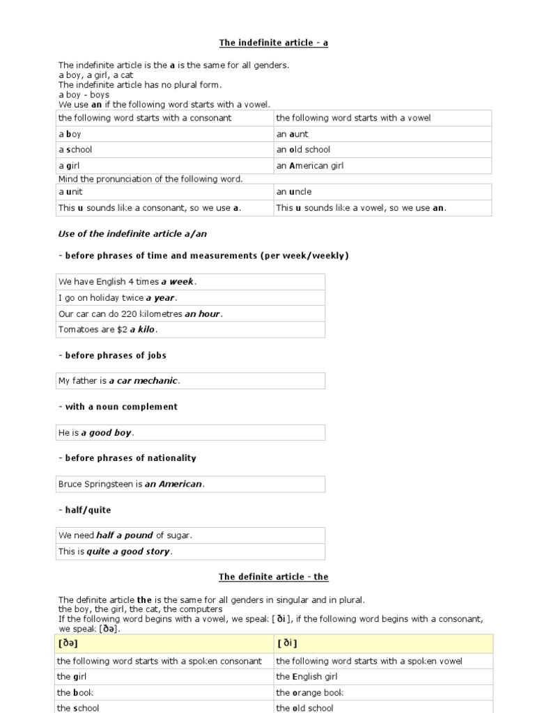 The Indefinite Definite And Zero Article Pdf English Language