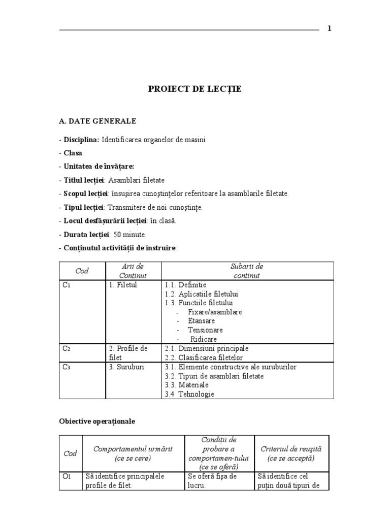 Proiect de Lectie 1 | PDF
