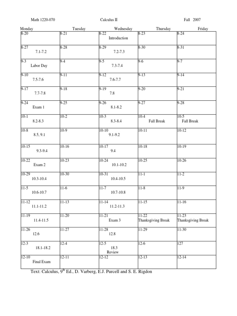Calculus II Course Schedule Fall 2007 | PDF