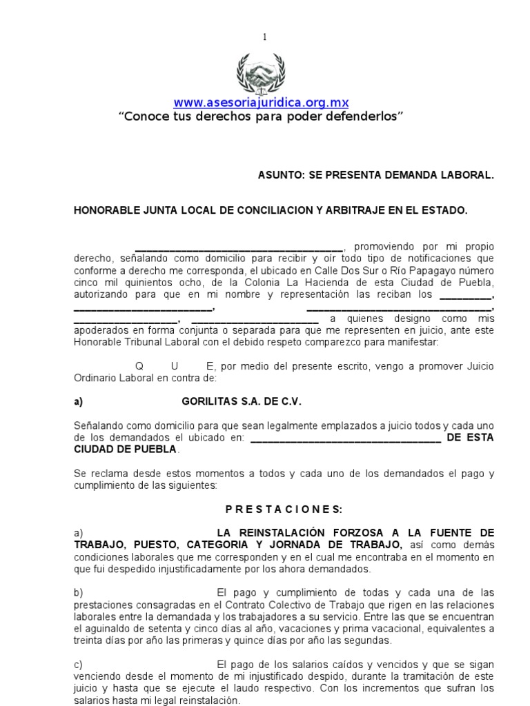 Formato Demanda Laboral | PDF | Derecho laboral | Tiempo de trabajo