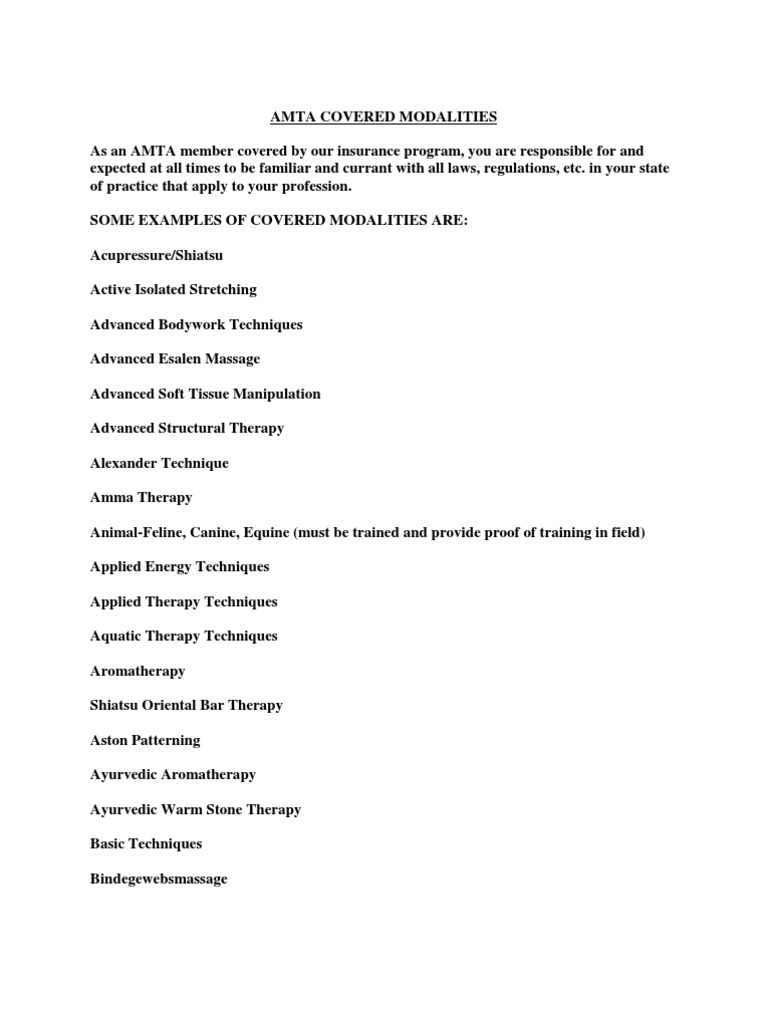 AMTA Covered Massage Modalities | PDF | Massage | Health Movements