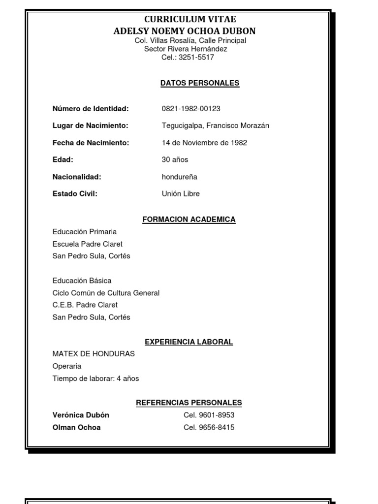 Curriculum Vitae Adelsy Noemi Ochoa | PDF | Honduras | Educación avanzada
