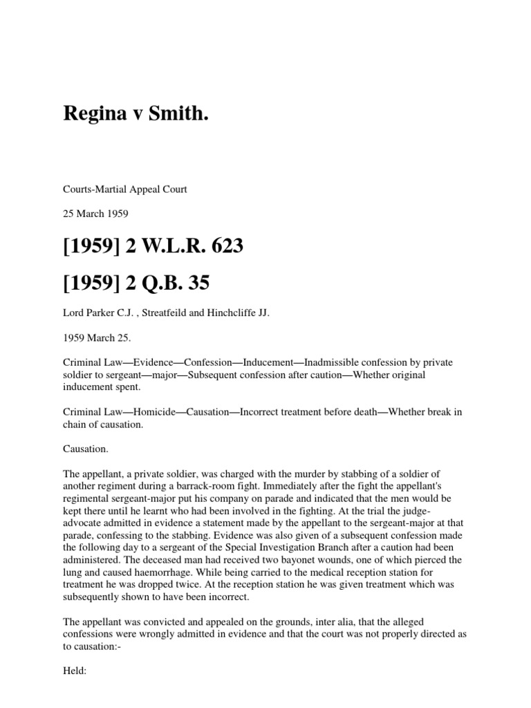 R. V Smith (1959) | PDF | Confession (Law) | Causation (Law)