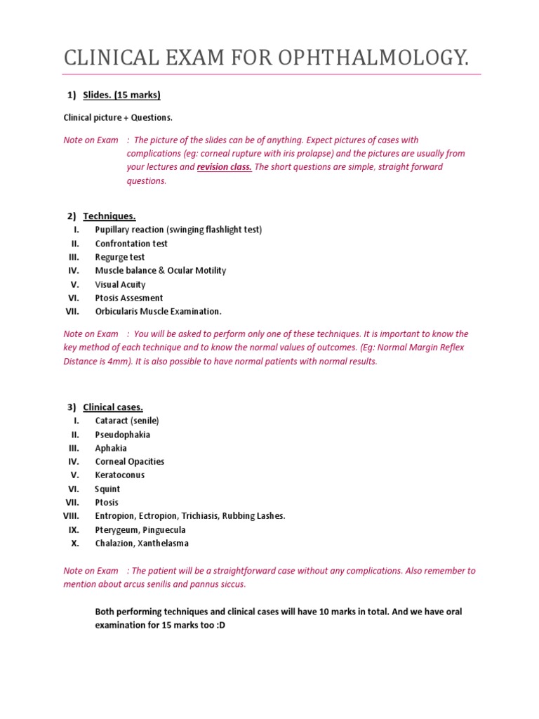 Clinical Exam For Ophthalmology | PDF | Face | Sensory Organs