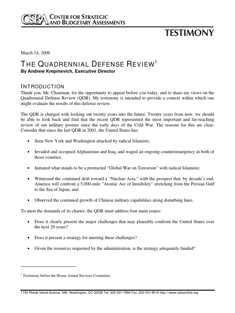 March 14, 2006 THE QUADRENNIAL DEFENSE REVIEW | PDF | Nuclear Weapons ...