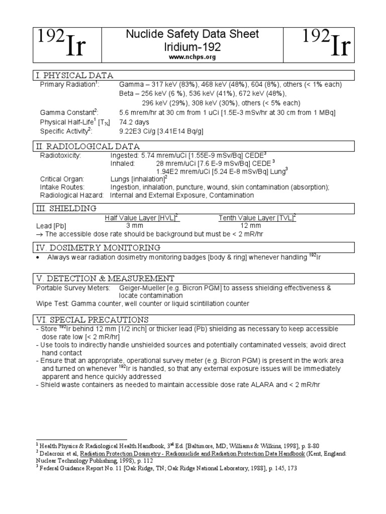 Ir Ir: Nuclide Safety Data Sheet Iridium-192 | PDF | Radioactive ...