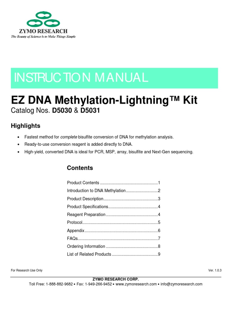 EZ DNA Methylation-Lightning™ Kit | PDF | Dna Methylation | Primer ...
