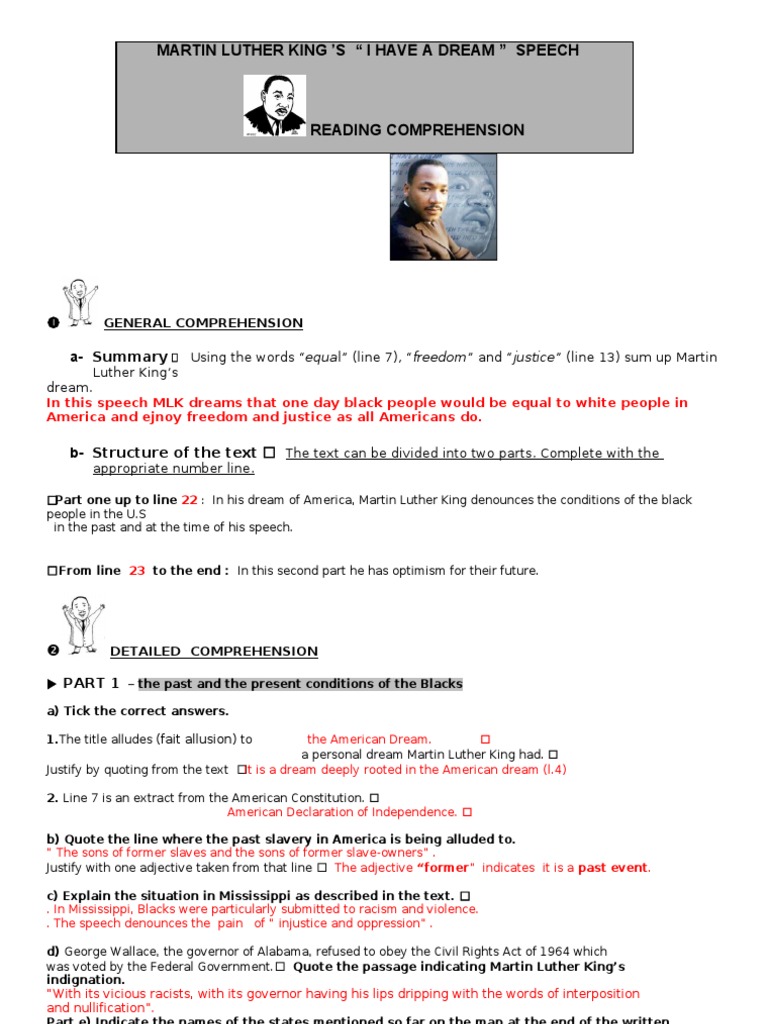 I Have A Dream READING Worksheet Answer Key | PDF | Martin Luther King ...