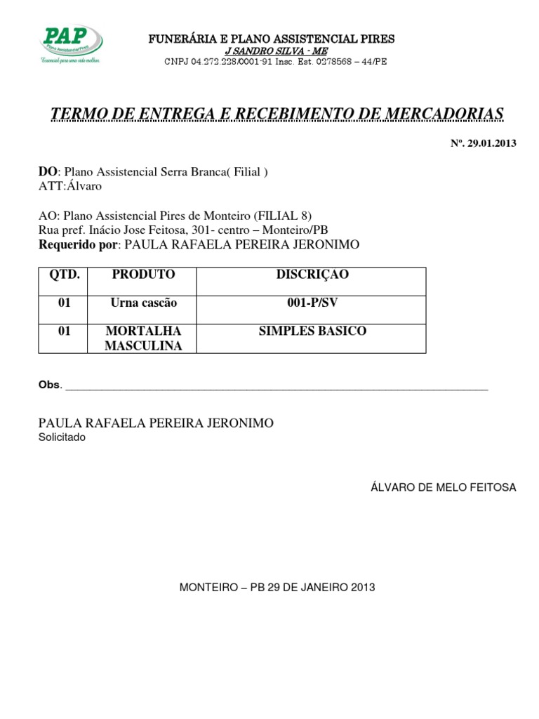 Termo de Entrega e Recebimento de Mercadorias Monteiro